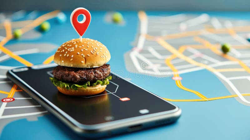 Burger with Location Pin on Smartphone Over Map. Generative Ai Stock ...