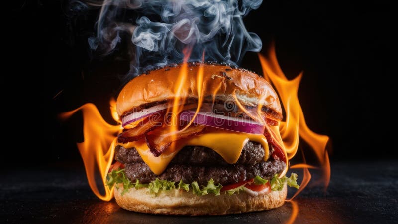 A Burger with a Lot of Cheese and Onions on it is on Fire Stock ...