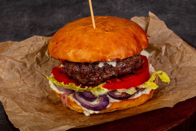 Burger with meat stock image. Image of table, rustic - 121722303