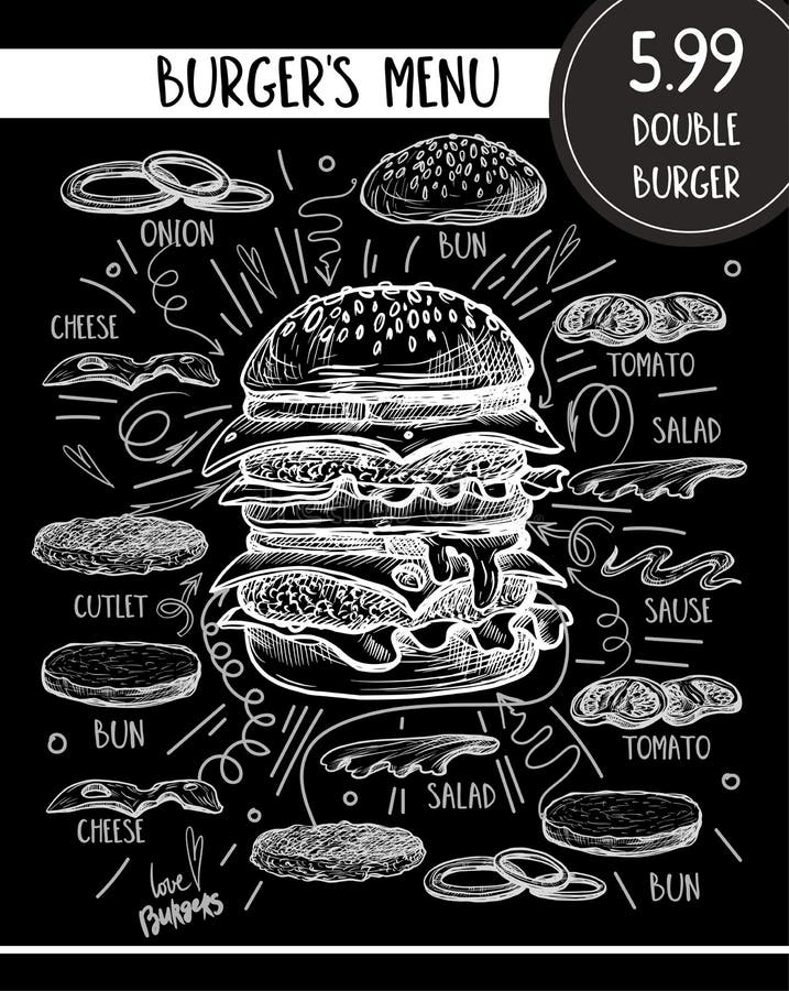 Burger Menu with Composition of Products in Graphic Style. Stock Vector ...