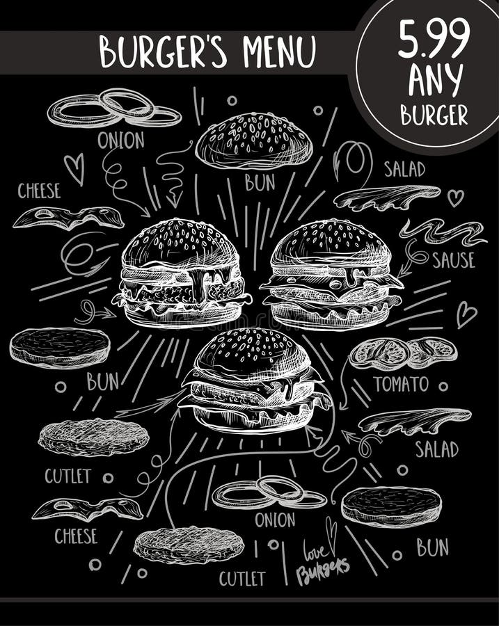 Burger Menu with Composition of Products in Graphic Style. Stock Vector ...