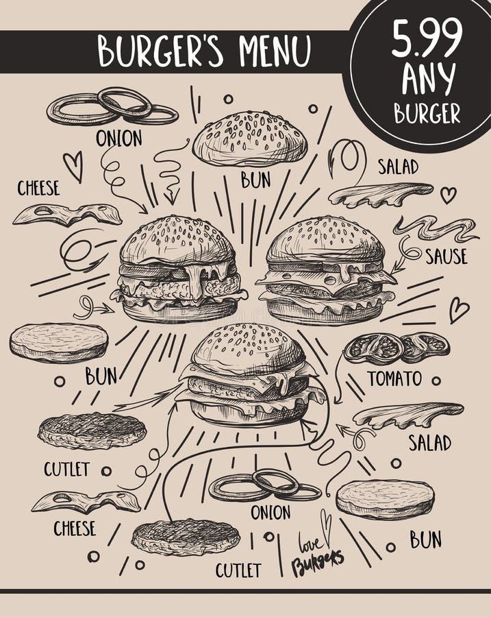 Burger Menu with Composition of Products in Graphic Style. Stock Vector ...
