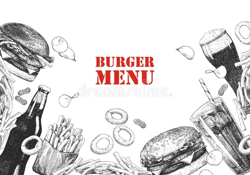 Burger Menu. Hand-drawn Illustration of Dishes and Products. Ink ...