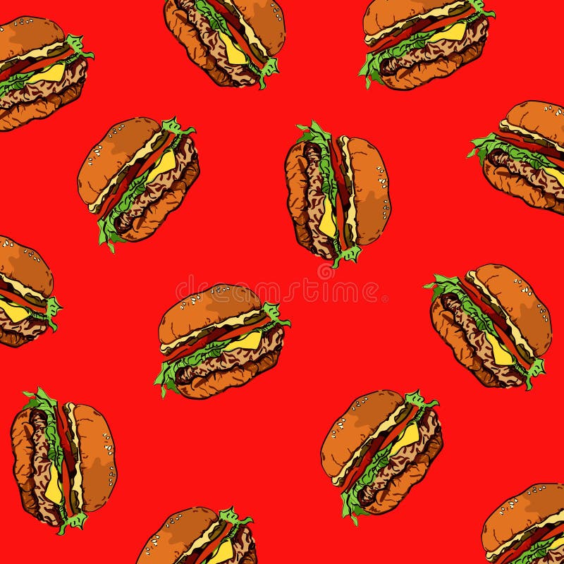 Burgers Pattern on Red Background Stock Vector - Illustration of bread ...