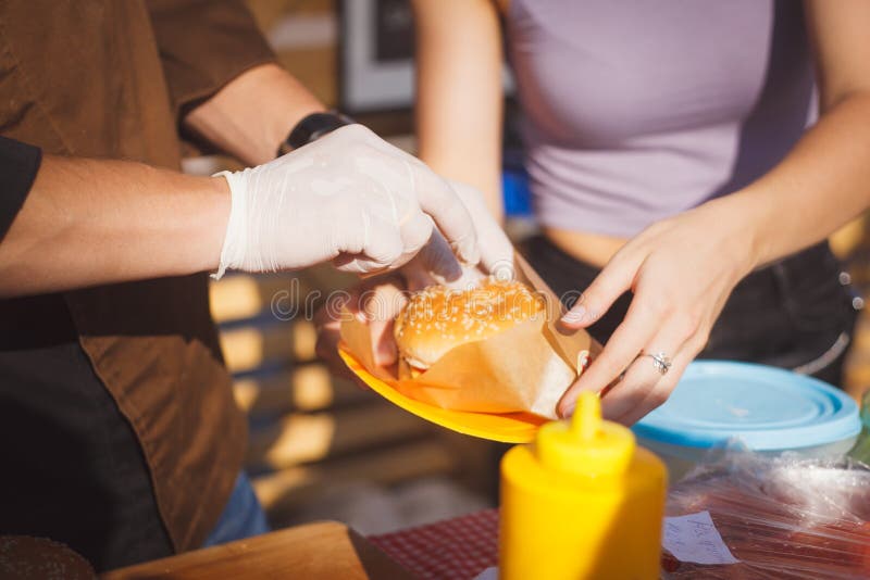 Burger is Packed into a Package with Home Stock Photo - Image of hand ...