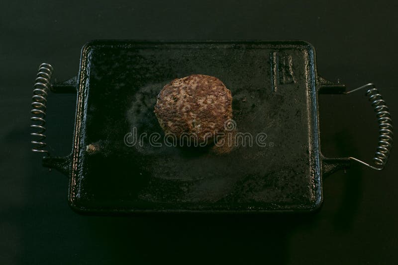 Burger Patty Grilling on Old Black Grill Stock Photo - Image of fast ...