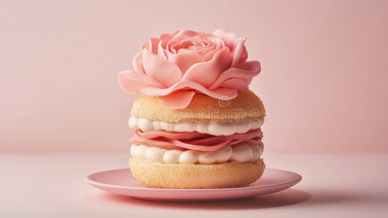 Burger with Pink Sugar Rose on Top, Elegant Dessert. Culinary Art and ...