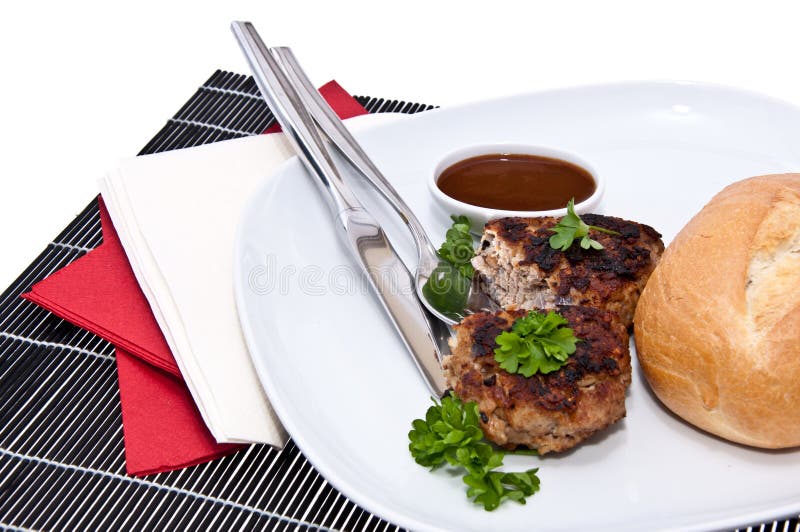 Burger on a Plate Isolated on White Stock Image - Image of meat ...