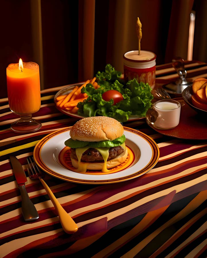 Burger on a Plate that is on the Table, Served Elegantly Stock Vector ...