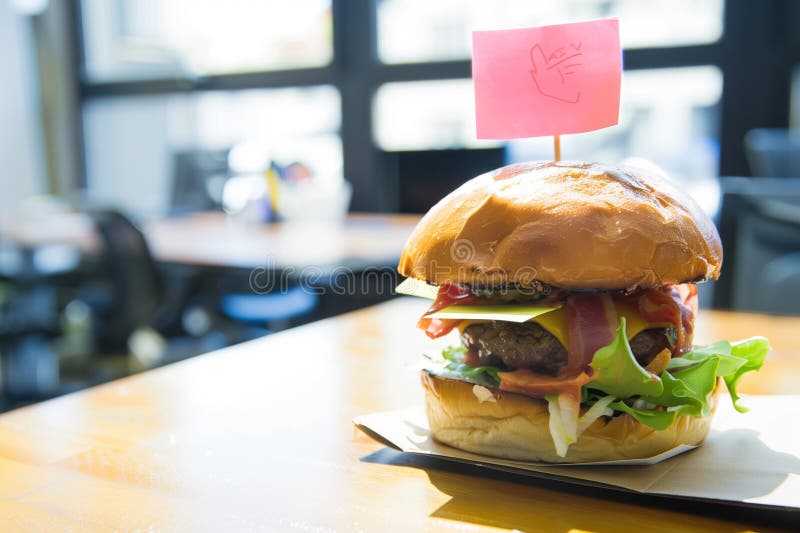 Burger with a Postit Note Stuck on the Bun on an Office Table Stock ...