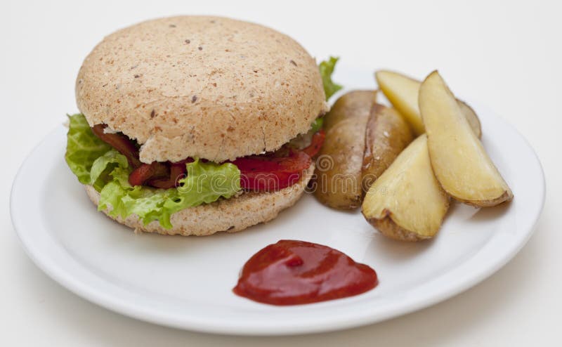 Burger and potatoes stock photo. Image of plate, fries - 32974996