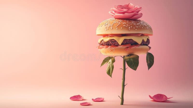 Burger on Rose Stem with Pink Background, Creative Food Art Concept ...