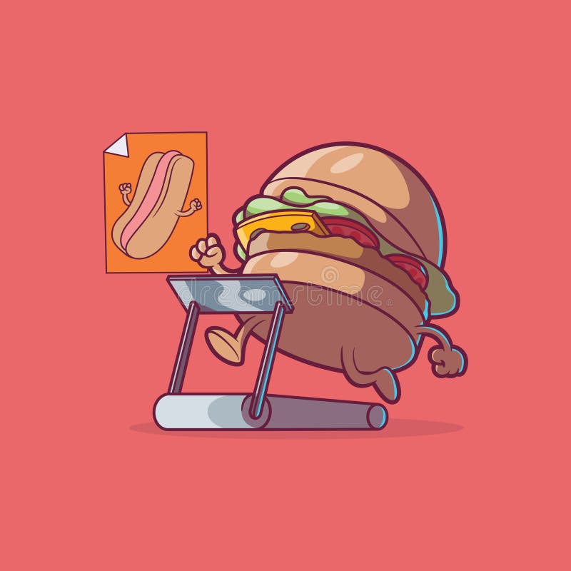 Burger Running on a Treadmill Looking at a Poster Vector Illustration ...