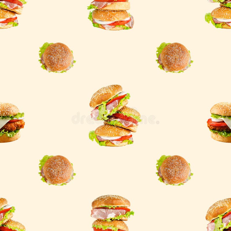Burger Seamless Continuous Pattern Background Design, Isolated on White ...