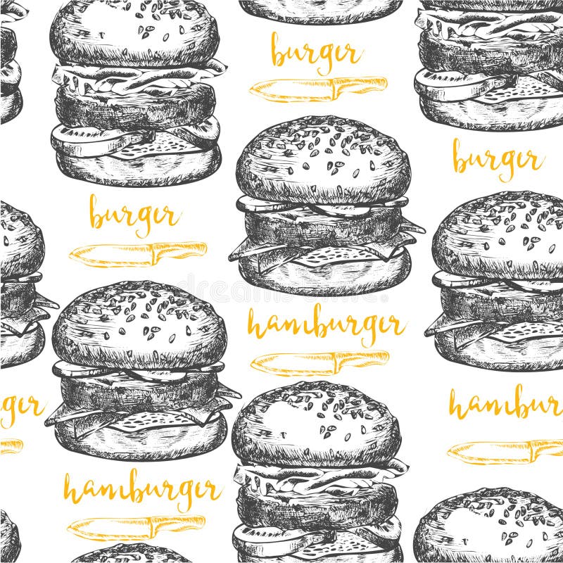 Burger Seamless Pattern. Vector Line Art . Fast Food. Vector Background ...