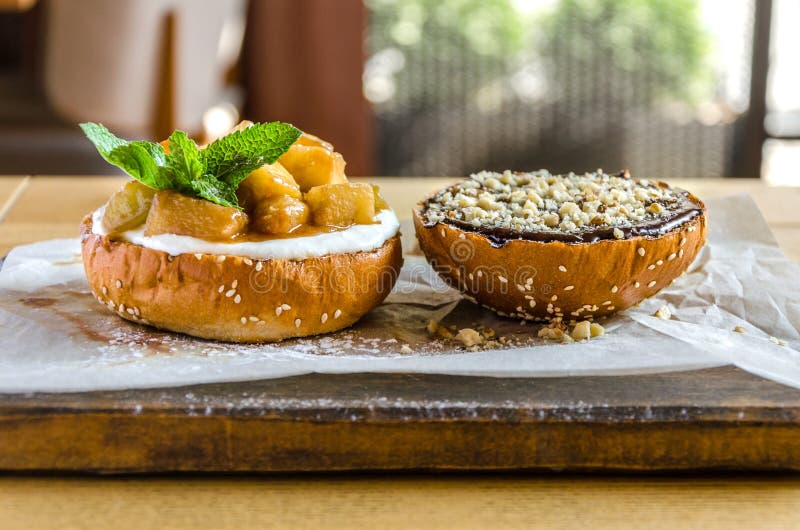 Burger with Sesame Seeds, with Chocolate, Nuts, Pineapple and Mint, on ...