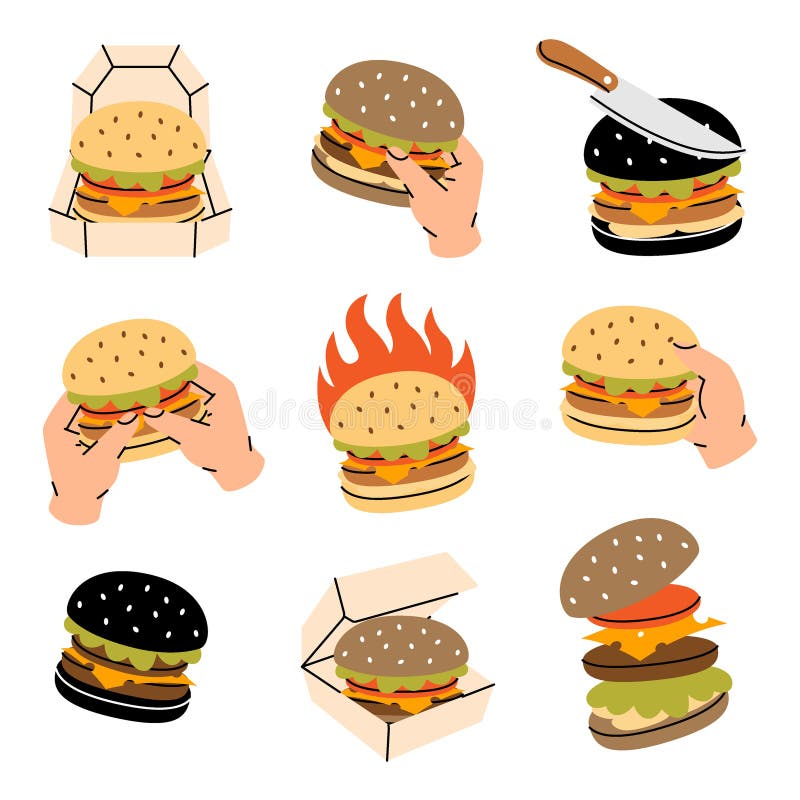Burger Set. Beef Burger, Hamburger, Veggie Burger, Cheeseburger. Hand ...