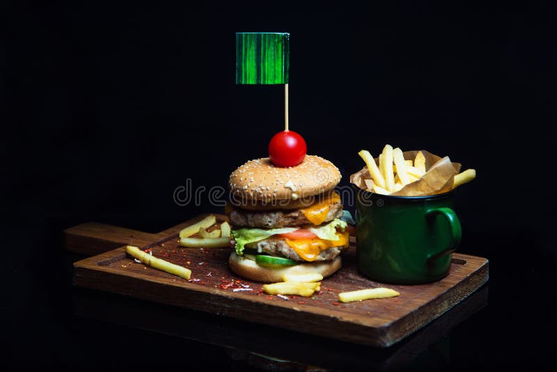 Burger set on a board stock image. Image of cheese, dinner - 210858573