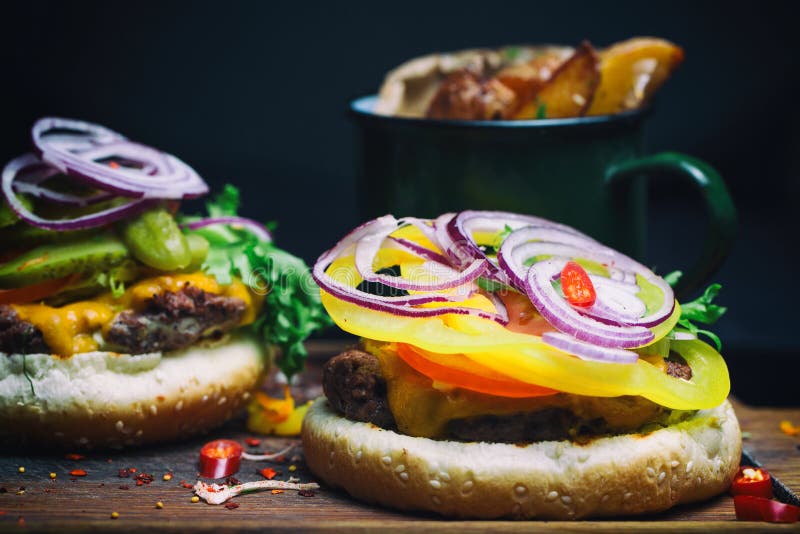 Burger set on a board stock photo. Image of macro, fast - 210858582
