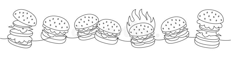 Burger Set One Line Continuous Drawing. Beef Burger, Hamburger, Veggie ...