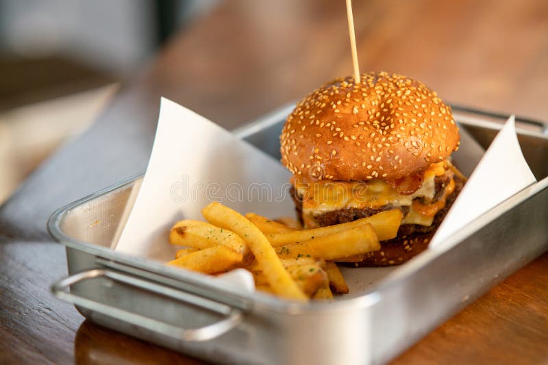 Burger Set with Potato Chips in a Metal Tray Stock Image - Image of ...
