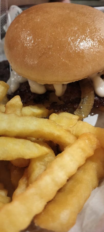 Burger with Shiny Buns and French Fries Compared Together Stock Image ...