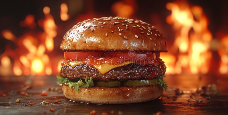 A Burger with a Slice of Tomato and a Slice of Cheese on Top of it ...