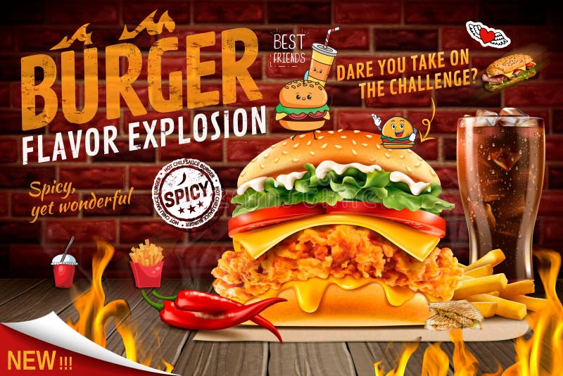 Burger and Snacks Poster Design with Brick Wall Stock Photo - Image of ...