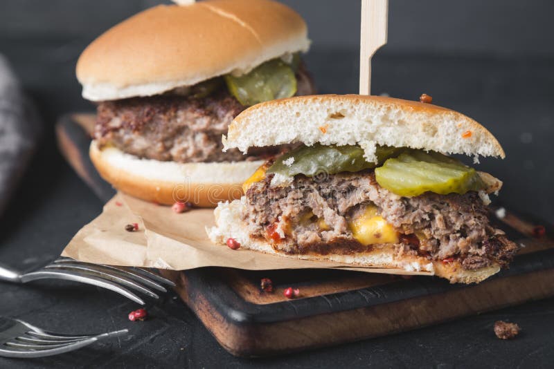 Burger Stuffed with Cheddar Cheese Stock Image - Image of cutlet ...