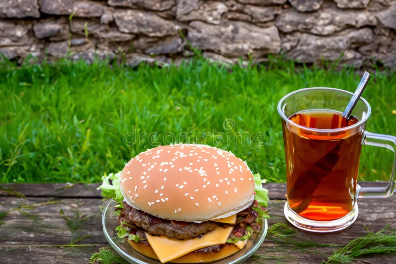 Burger and Tea stock illustration. Illustration of tasty - 289015935