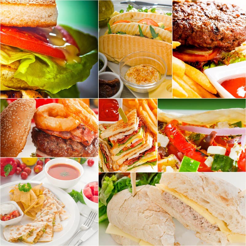 Burger- Und Sandwichsammlung Auf Einer Collage Stockfoto - Bild von ...
