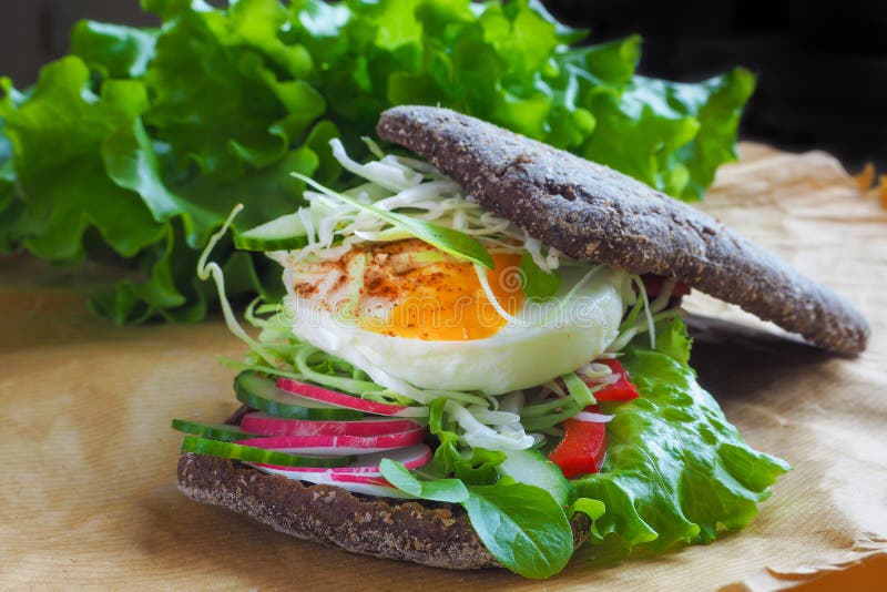 Burger with Vegetables, Boiled Egg and Rye Bread. Concept of Healthy ...
