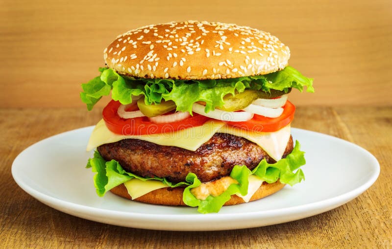 Burger in a white plate stock photo. Image of bread, rustic - 43062452
