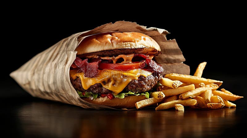 Burger Wrapped in Paper with Fries beside it. Stock Photo - Image of ...
