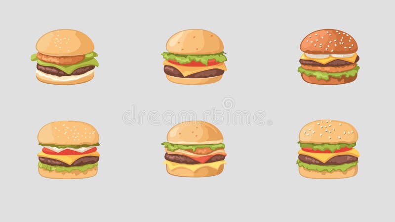 Burgers, Each with Unique Toppings and Styles Stock Illustration ...