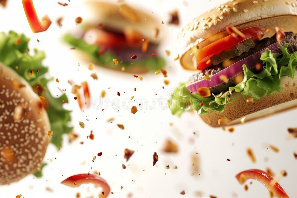 Burgers Falling in the Air on White Background Stock Image - Image of ...