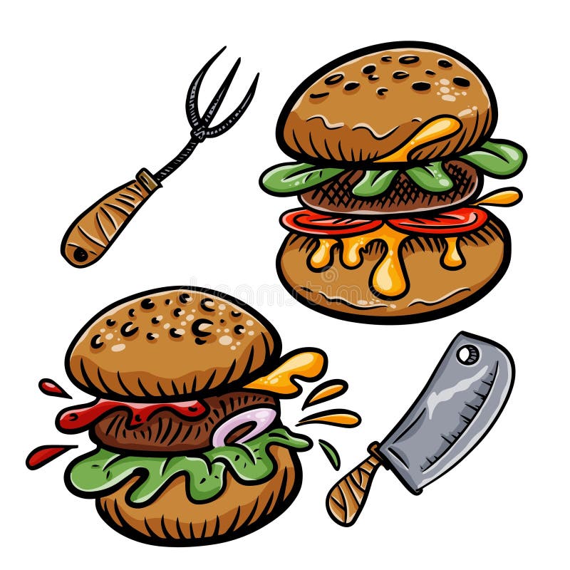 Burgers. Hand Drawn Cartoon Vector Picture Stock Vector - Illustration ...