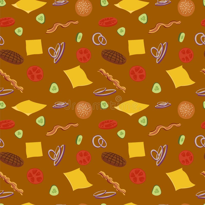 Burgers And Ingredients For Cheeseburger Seamless Pattern On Blue ...