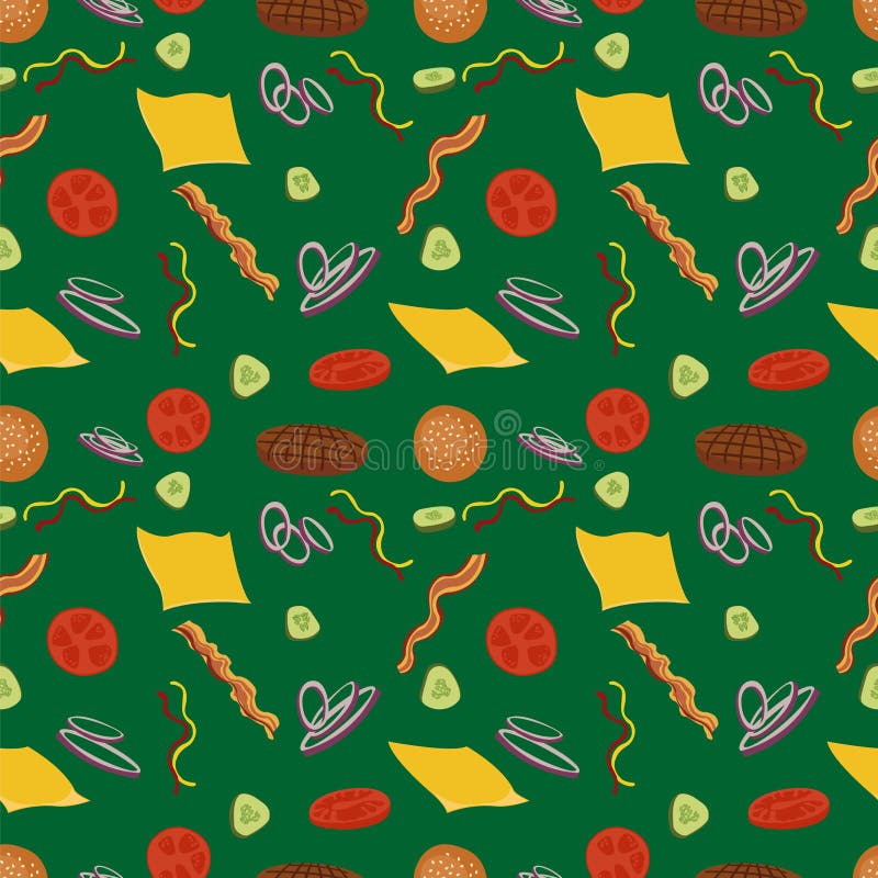 Burgers And Ingredients For Cheeseburger Seamless Pattern On Blue ...