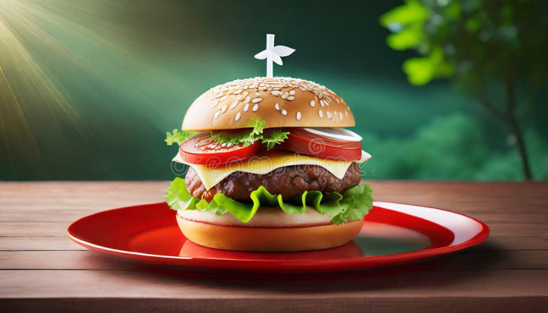 Layered Illusions Photorealistic Hamburgers On A Red Plate Stock