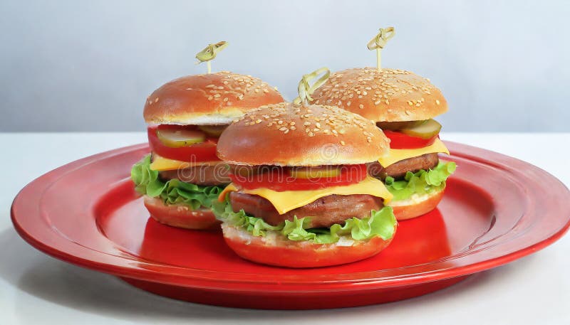 Layered Illusions Photorealistic Hamburgers On A Red Plate Stock