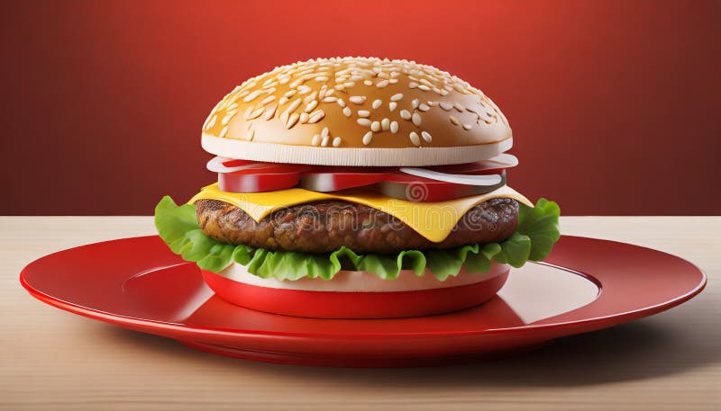 Layered Illusions Photorealistic Hamburgers On A Red Plate Stock