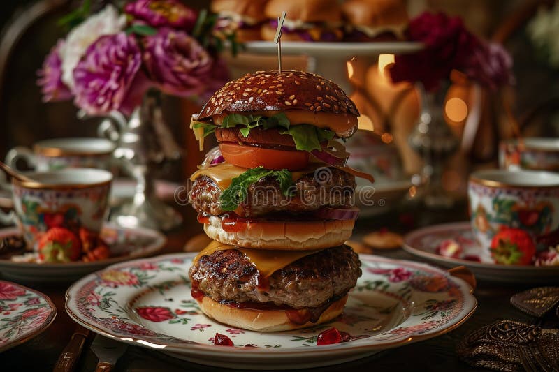Burgers Replacing Traditional Tea in a British High Tea Setting Stock ...