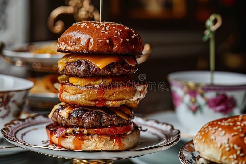 Burgers Replacing Traditional Tea in a British High Tea Setting Stock ...