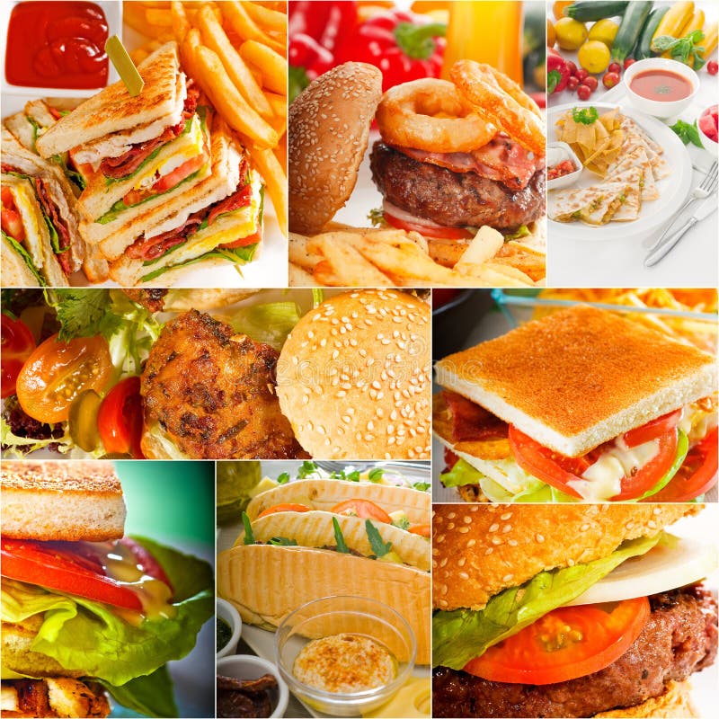 Burgers and Sandwiches Collection on a Collage Stock Image - Image of ...