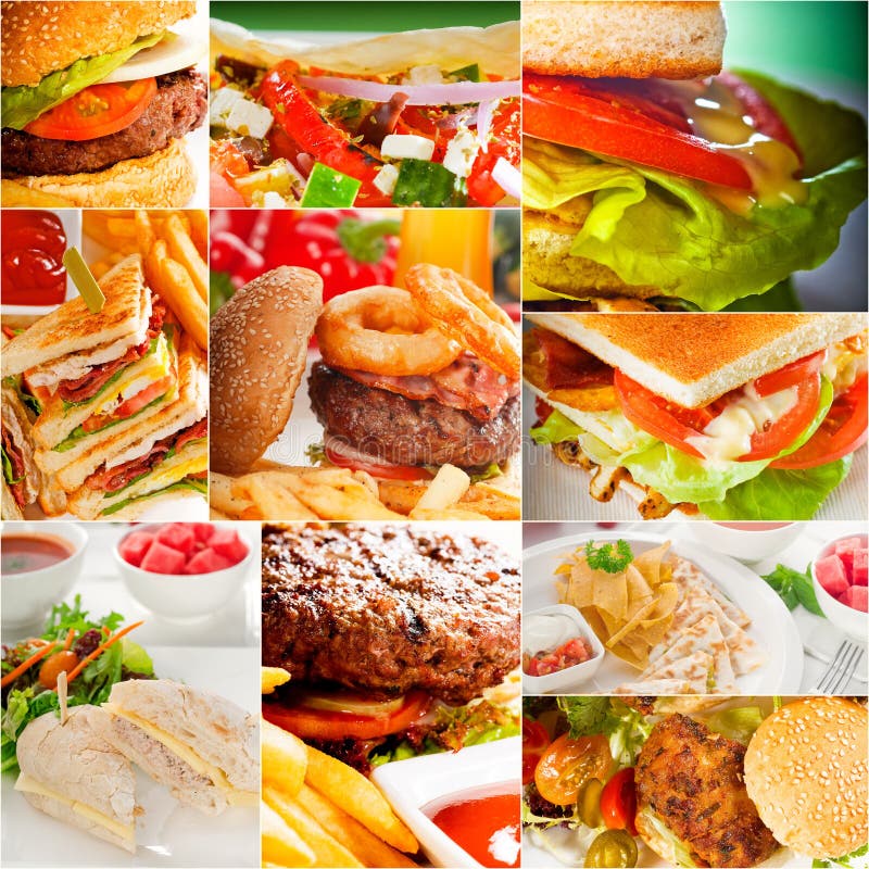 Burgers and Sandwiches Collection on a Collage Stock Image - Image of ...