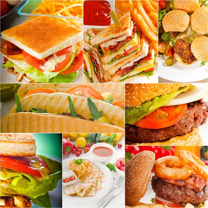 Burgers and Sandwiches Collection on a Collage Stock Photo - Image of ...