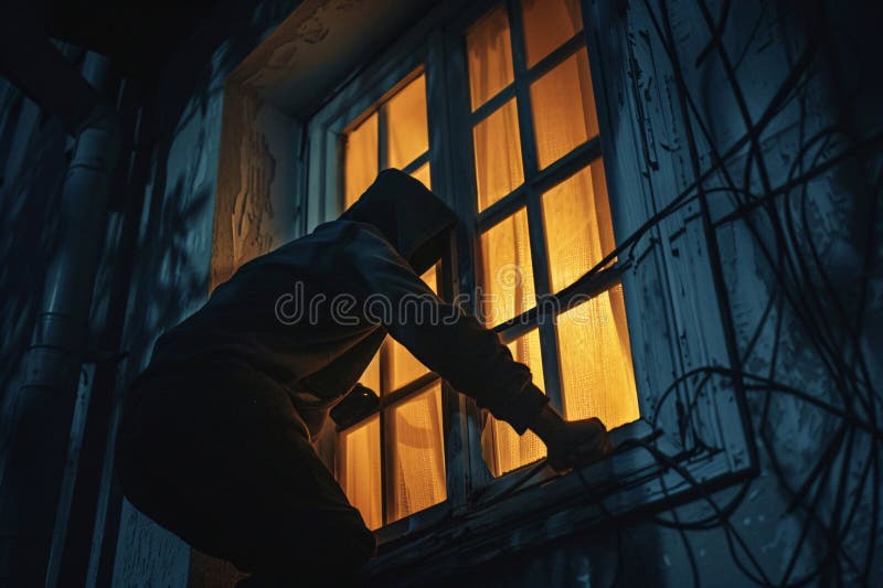 Burglar Breaking into a House from Window Stock Illustration ...