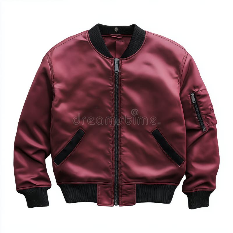 A Burgundy Bomber Jacket, with Black Ribbed Trim Around the Collar and ...