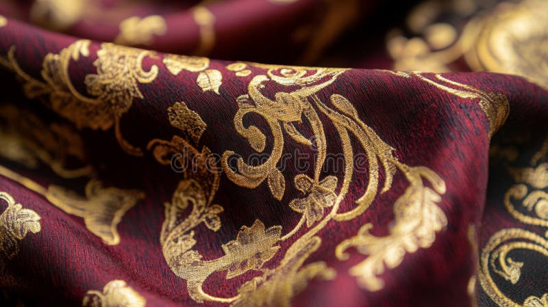 Burgundy Fabric with Gold Floral Embroidered Pattern Stock Illustration ...